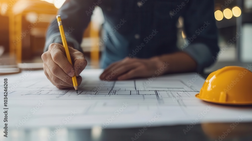 Engineer sketching modifications on blueprint with mechanical pencil ...