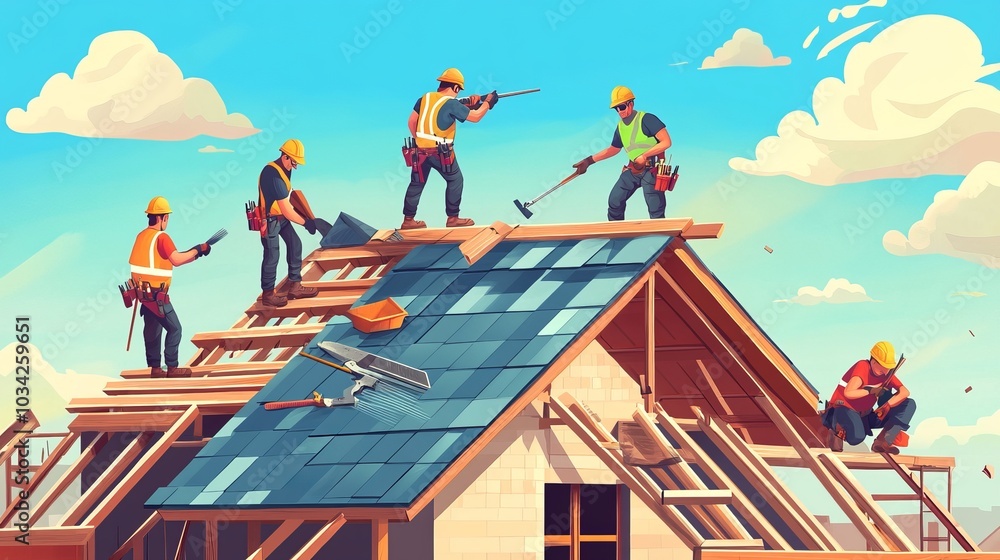 Cartoon-style vector illustration showing roof construction workers ...