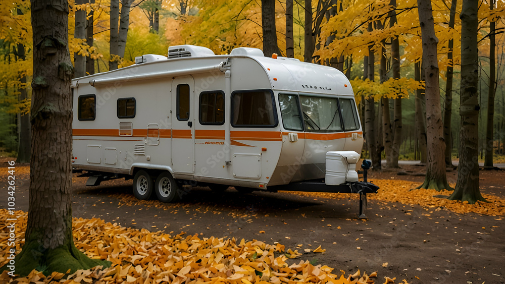 Travel trailer parked in an outside fall or autumn woodland wilderness ...