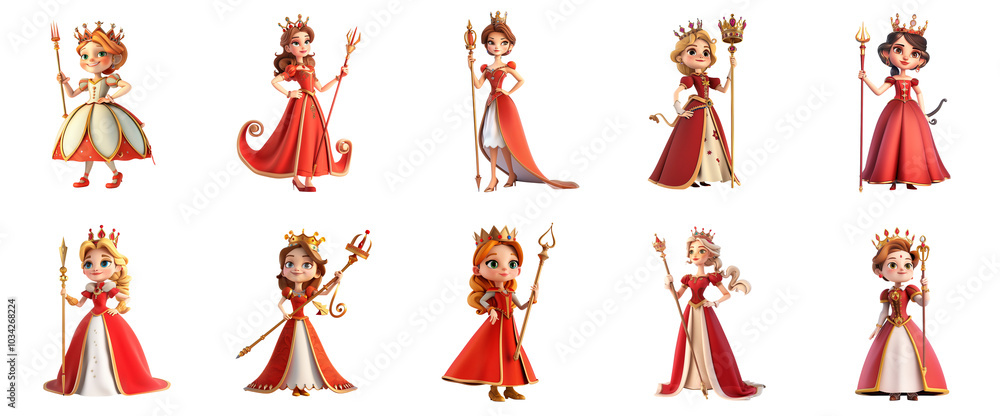 Beautiful queen with crown and scepter posing, 3D cartoon illustration ...