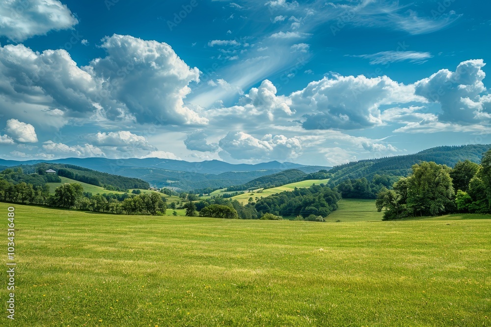 Vast green fields stretch across the landscape, bordered by gentle ...