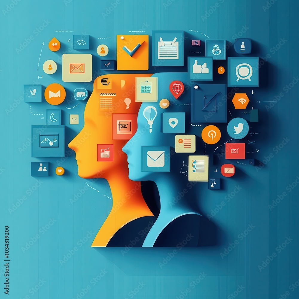 Design abstract heads with sticky notes and icons, social media vibes ...