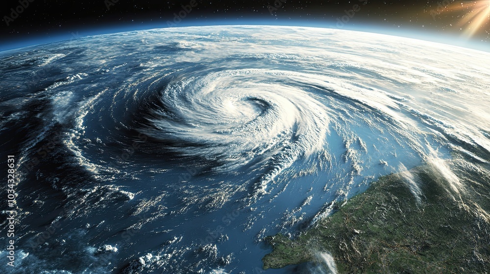 Satellite view of a huge spiral hurricane. Powerful forces of nature. The storm vortex is very ...