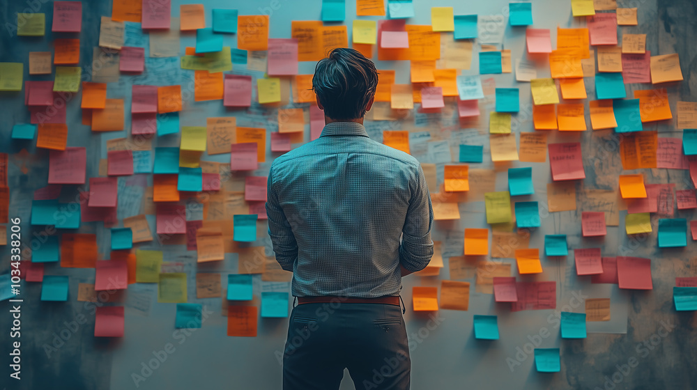 Man brainstorming in front of wall covered with colorful sticky notes ...