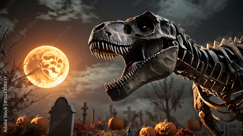 Skeleton Tyrannosaurus rex T-rex dinosaur ghost in Cemetery Graveyard ...