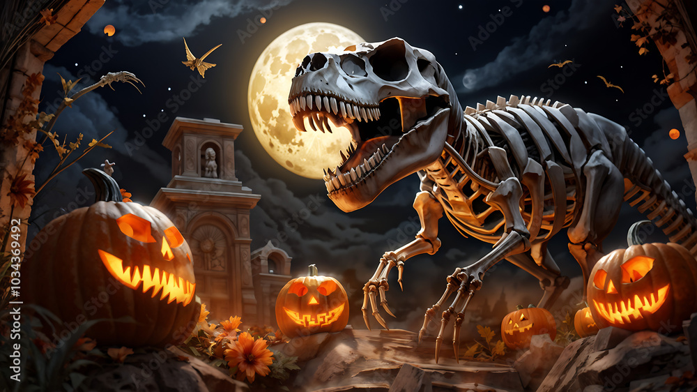Skeleton Tyrannosaurus rex T-rex dinosaur with Jack O Lantern Halloween ...