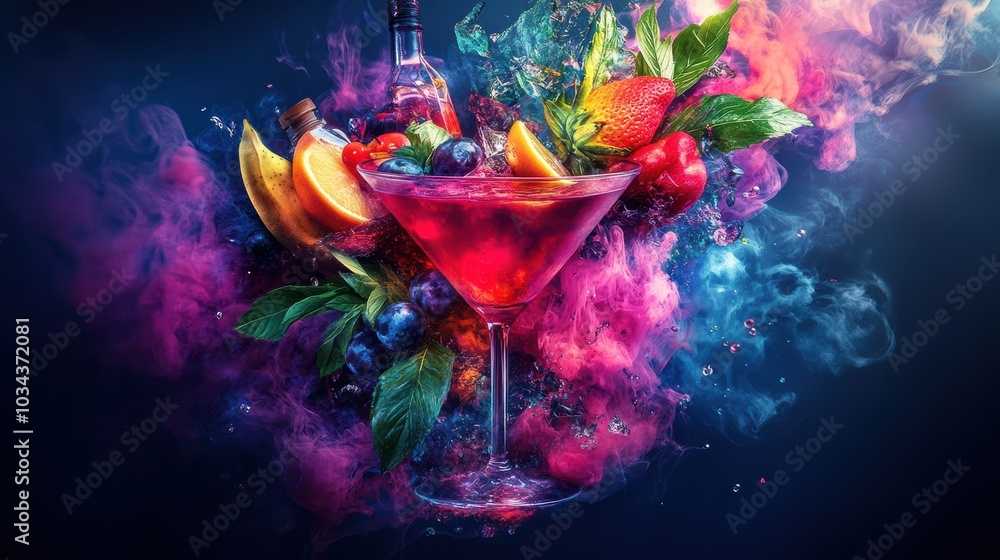 symbols of colorful cocktails and liquor bottles integrated within or ...