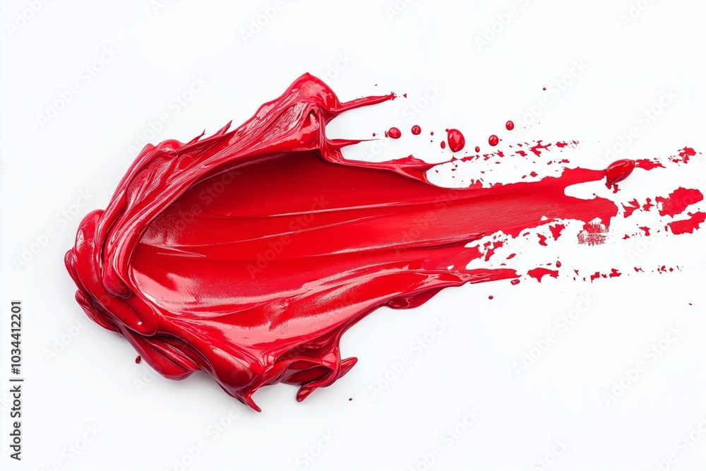 Glossy red paint smear on a white background, featuring a bold and ...