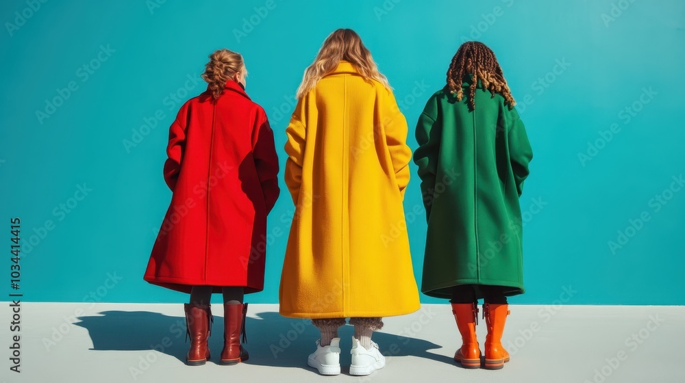 Three stylish women stand against a vibrant backdrop, wearing colorful ...