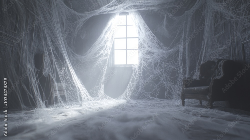 Eerie Gothic Halloween Haunted Attic 3D Render with Ghostly Apparitions and Antique Furniture ...