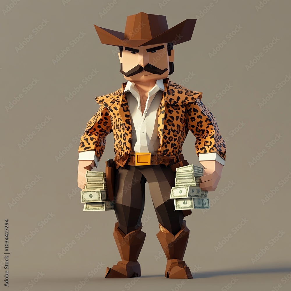 Create a semi-realistic, low-poly 3D cowboy character with sharp ...