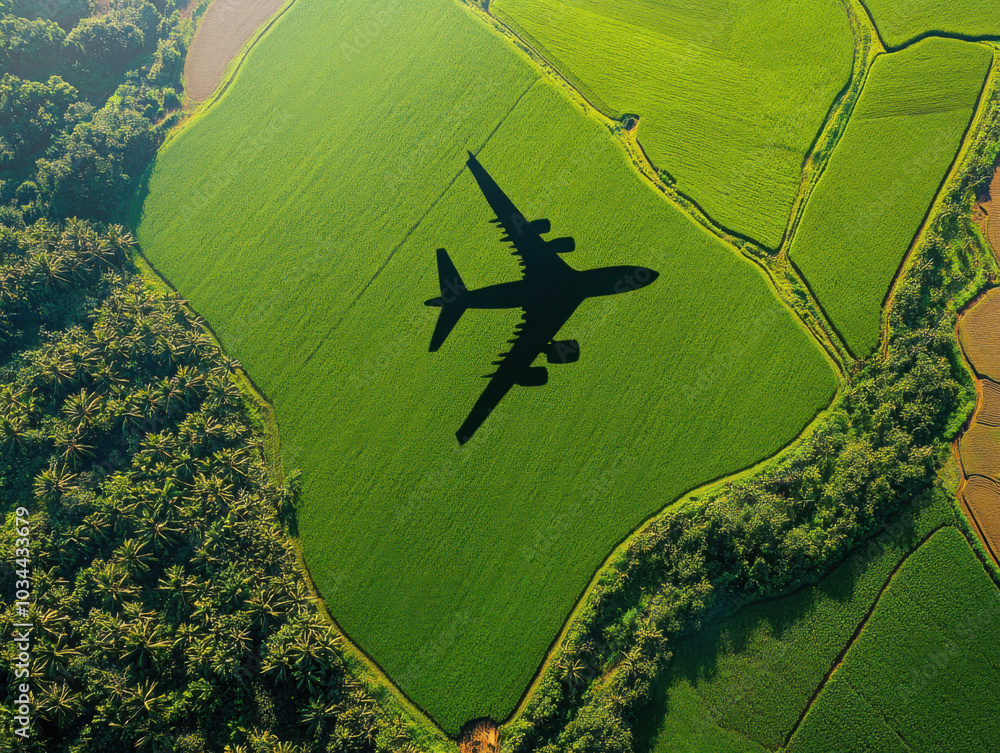 Shadow airplane flying above green field. Sustainable aviation fuel ...