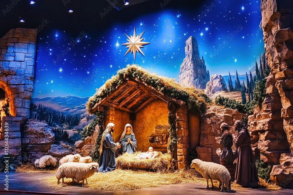Christmas nativity scene depicting the birth of jesus with starry night ...
