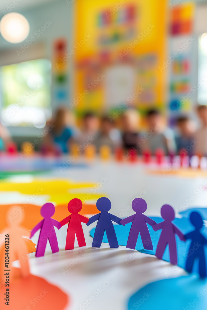 Rainbow colored paper human figures holding their hands on kindergarten ...