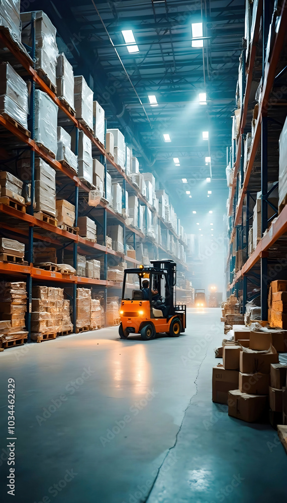 Inside a massive warehouse, forklifts efficiently maneuver between ...