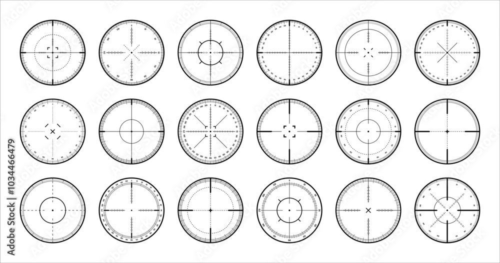 Various sniper rifle sights with degree scale, weapon optical scope ...