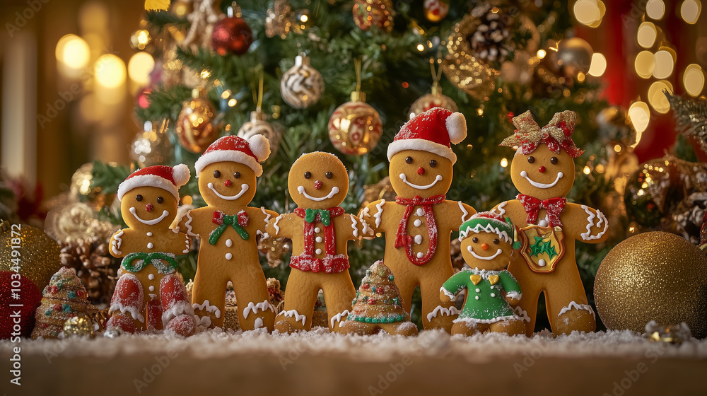 Gingerbread cookies family with Santa hats and Christmas decorations in ...