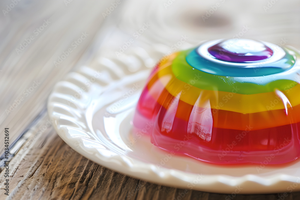 Foto de Stock Colorful rainbow jelly, gelatin sweet cake on plate ...