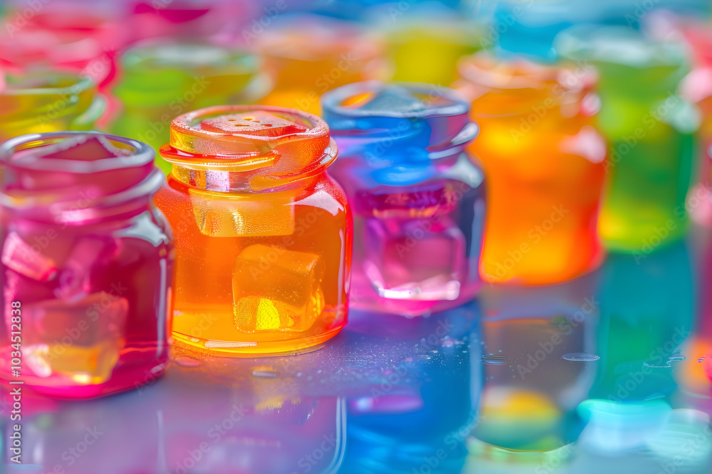 Colorful rainbow jelly bottle, gelatin sweet candys. Design template ...
