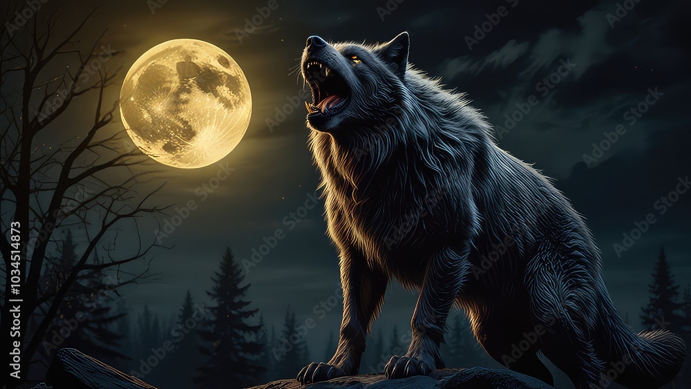 fearsome werewolf with midnight black full moon night wolf howling ...