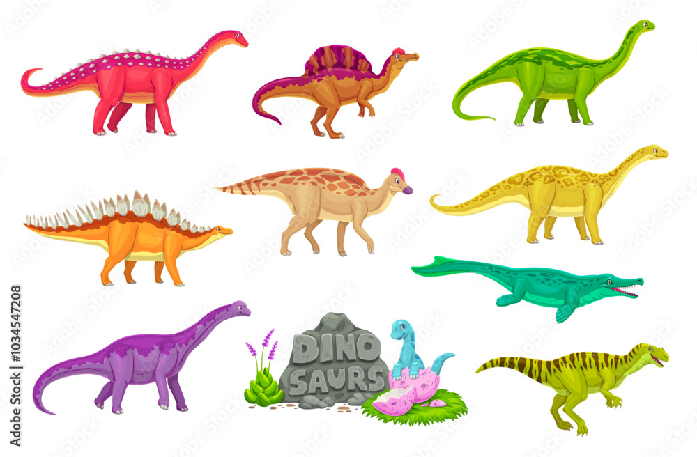 Prehistoric cartoon dinosaur animal characters with baby dino in ...