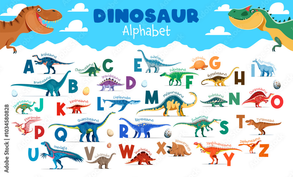 Kids dinosaurs alphabet with cartoon dino characters and eggs vector ...