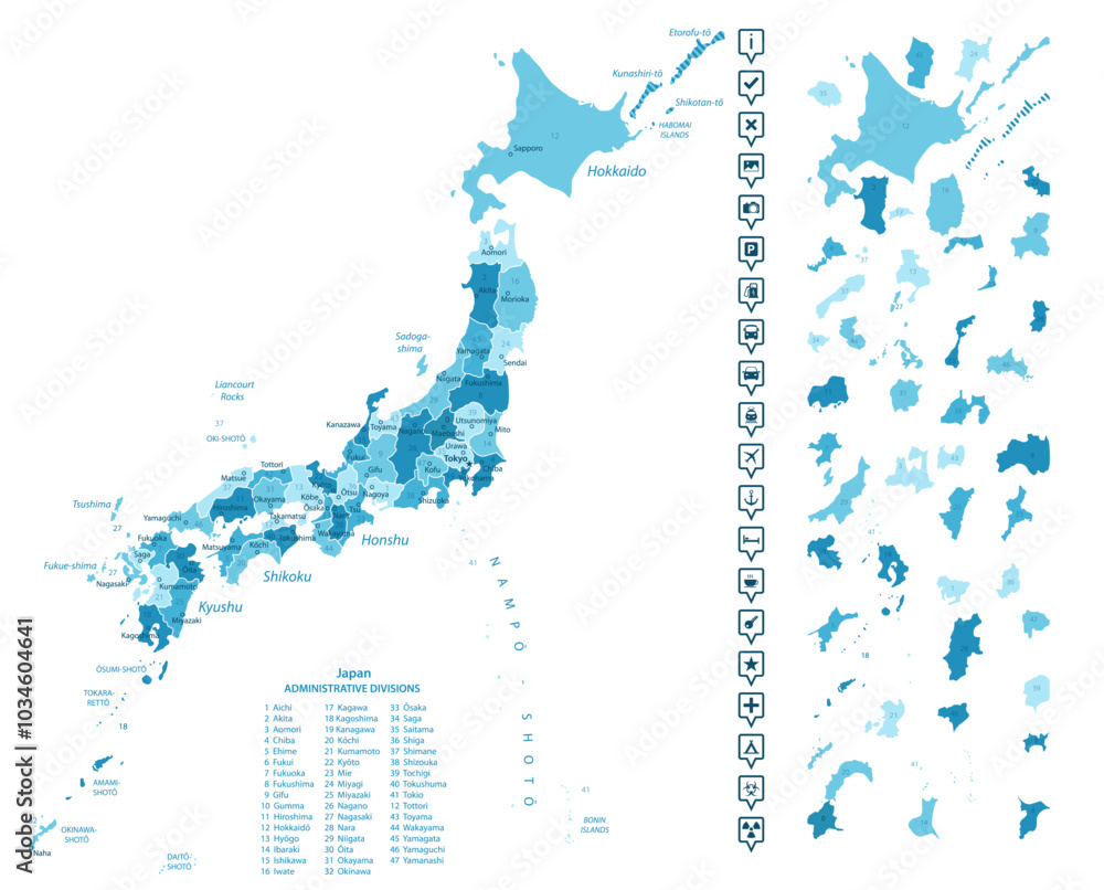 Japan - detailed map of the country in blue colors, divided into ...