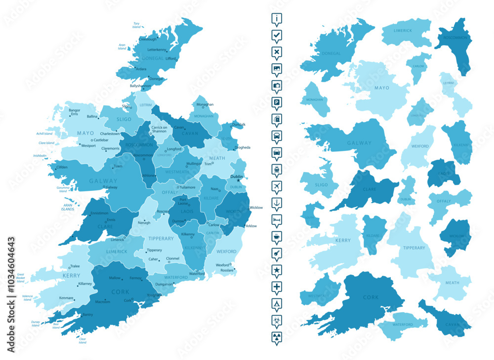 Ireland - detailed map of the country in blue colors, divided into ...