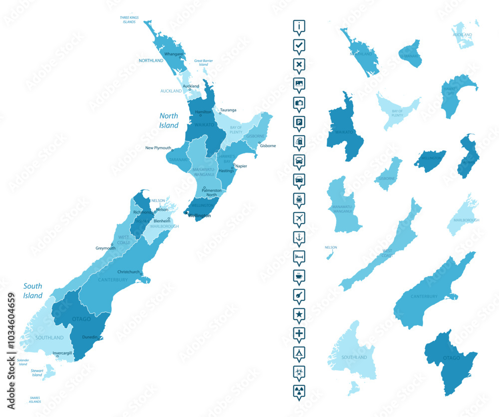 New Zealand - detailed map of the country in blue colors, divided into ...