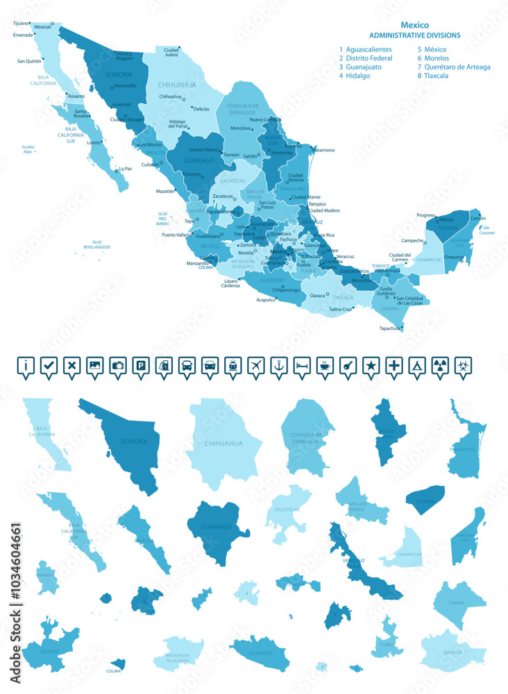 Mexico - detailed map of the country in blue colors, divided into ...