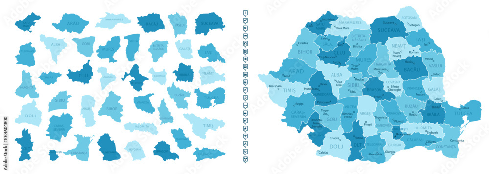 Romania - detailed map of the country in blue colors, divided into ...