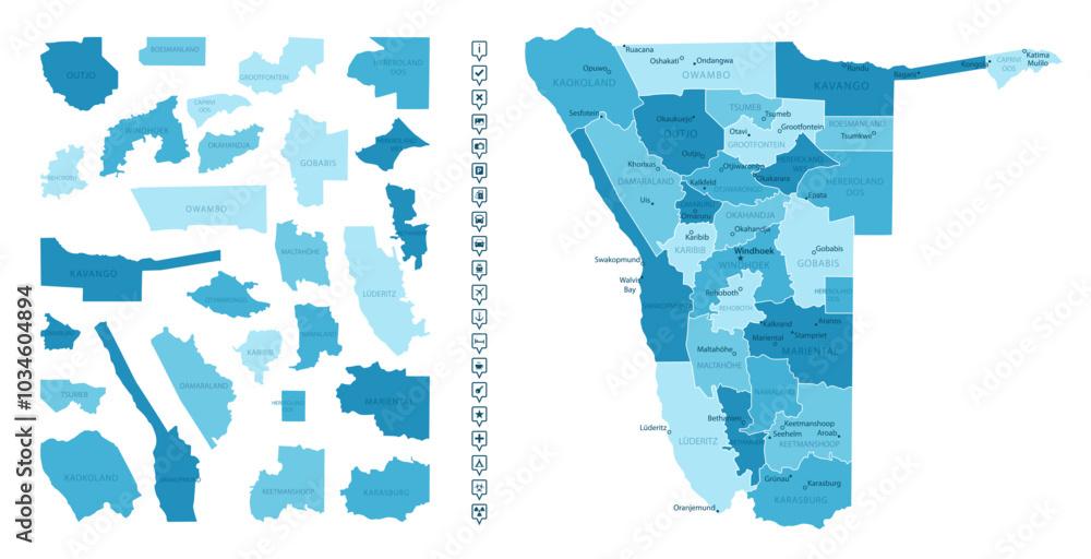 Namibia - detailed map of the country in blue colors, divided into ...