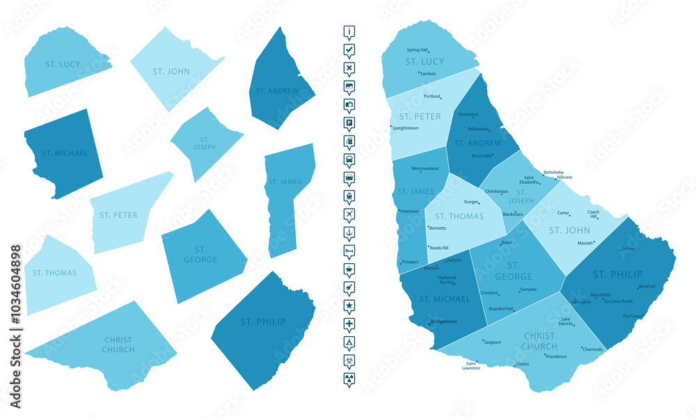 Barbados - detailed map of the country in blue colors, divided into ...