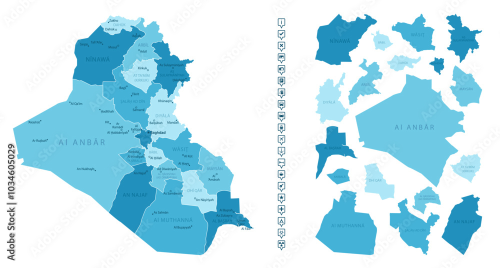 Iraq - detailed map of the country in blue colors, divided into regions ...