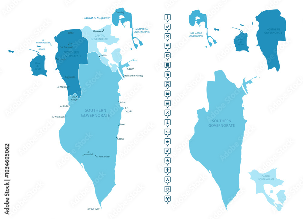 Bahrain - detailed map of the country in blue colors, divided into ...