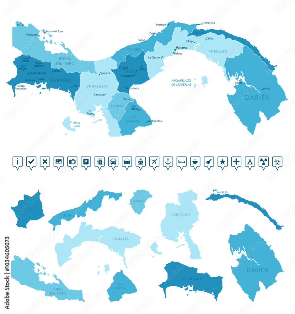 Panama - detailed map of the country in blue colors, divided into ...