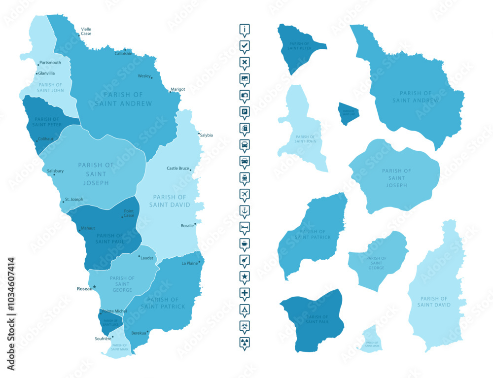 Dominica - detailed map of the country in blue colors, divided into ...
