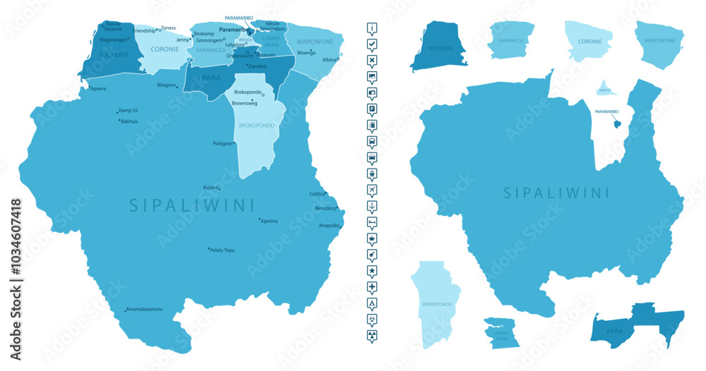 Suriname - detailed map of the country in blue colors, divided into ...