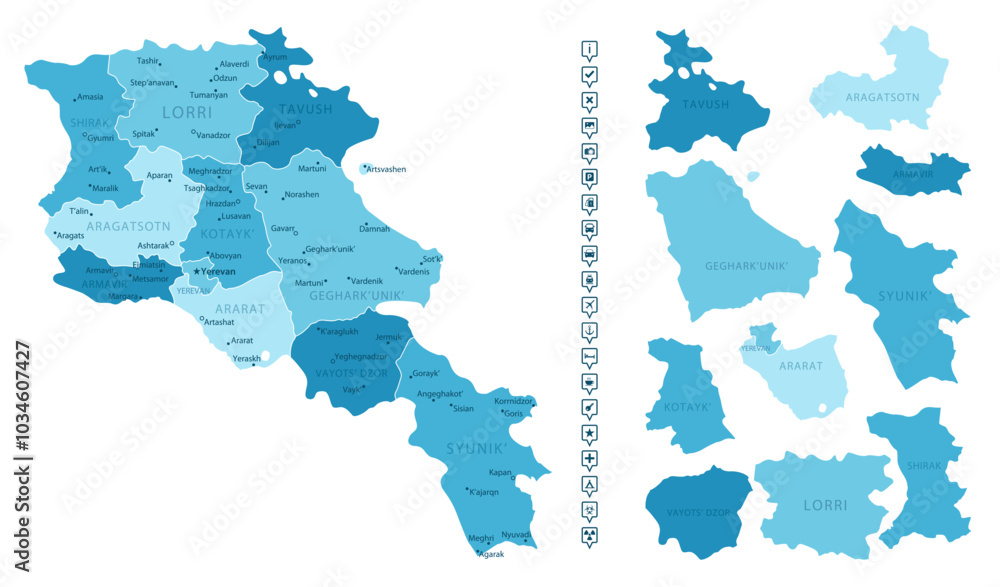 Armenia - detailed map of the country in blue colors, divided into ...