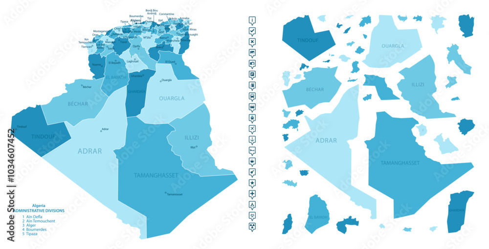 Algeria - detailed map of the country in blue colors, divided into ...
