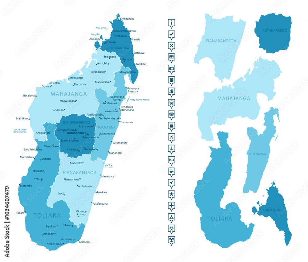 Madagascar - detailed map of the country in blue colors, divided into ...