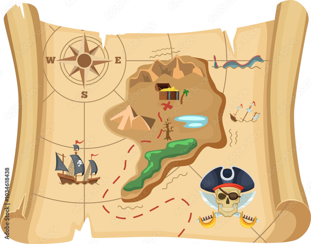 Pirate treasure map cartoon icon. Old parchment Stock Vector | Adobe Stock