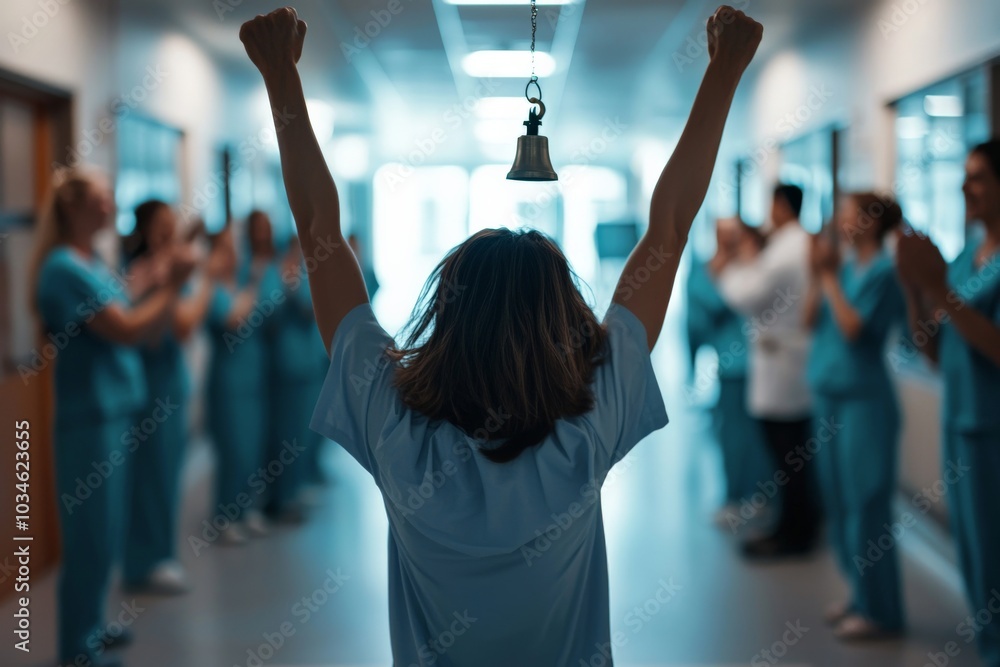 A cancer survivor ringing a bell in a hospital hallway, marking the end ...