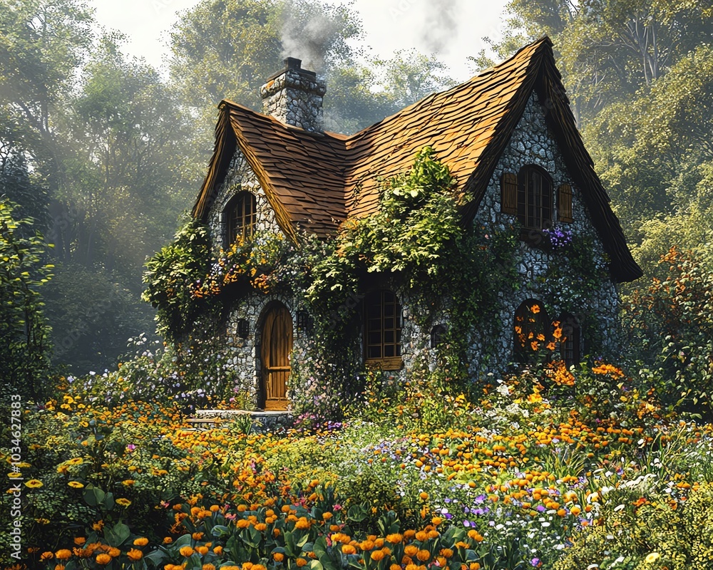 Idyllic smallscale cottage surrounded by lush greenery and wildflowers ...