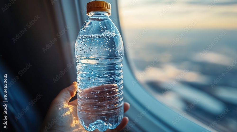 bottle of mineral water placed on tray table next to an airplane window ...