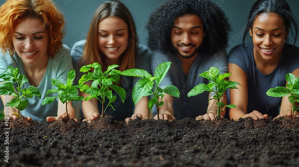 diverse group of people working together to plant tree symbolizing ...