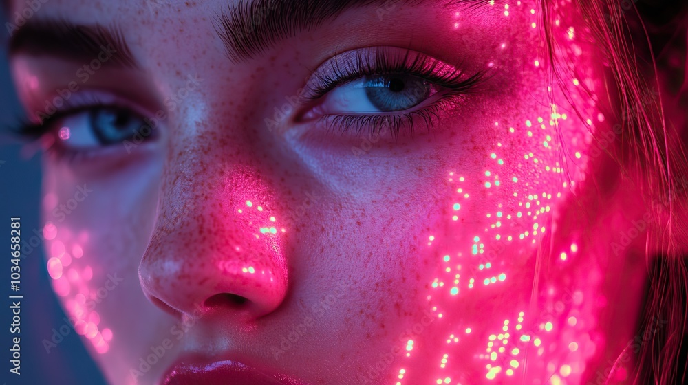 gen z style girl face illuminated by neon lights representing the ai ...