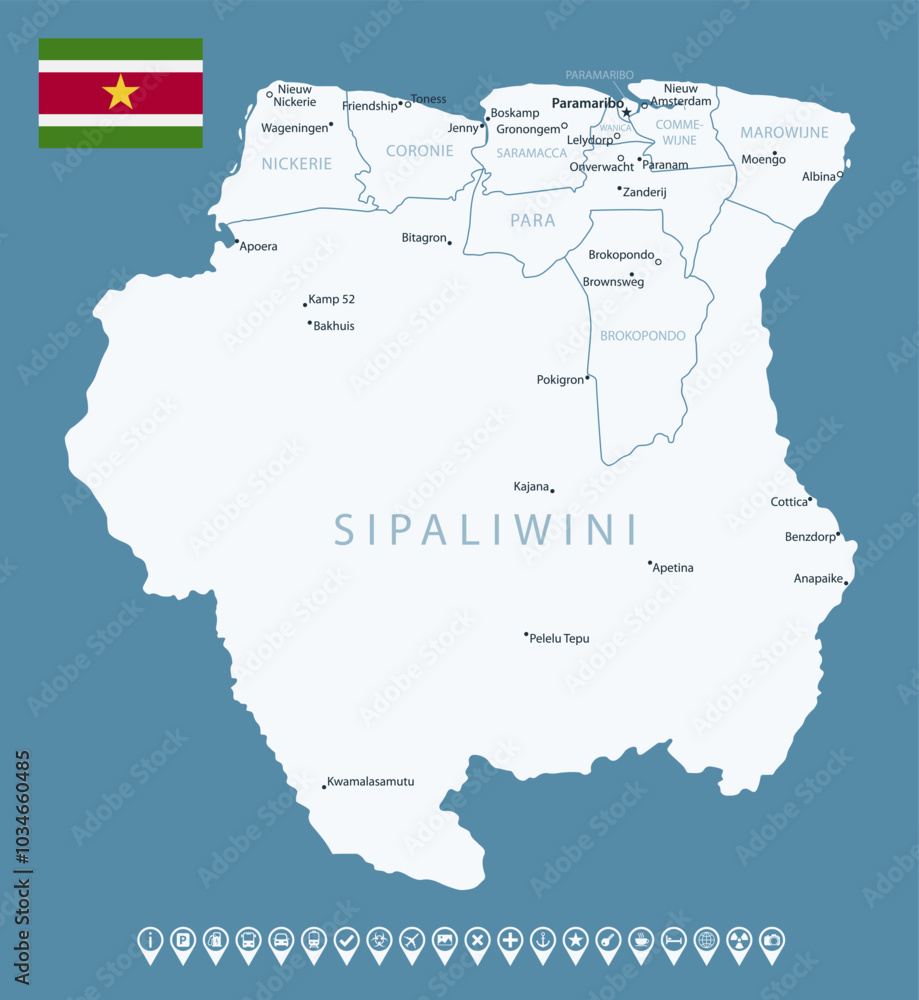 Suriname - detailed country map with cities and regions. Infographic ...