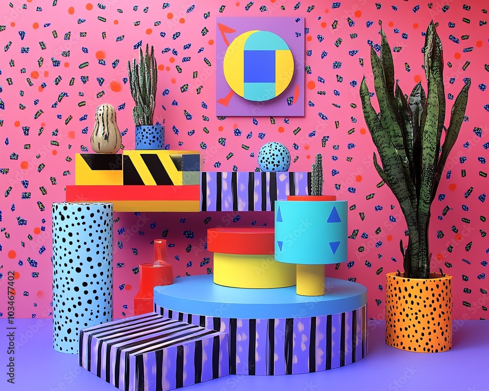 Playful 80s Memphis style designs on a bright purple backdrop ...