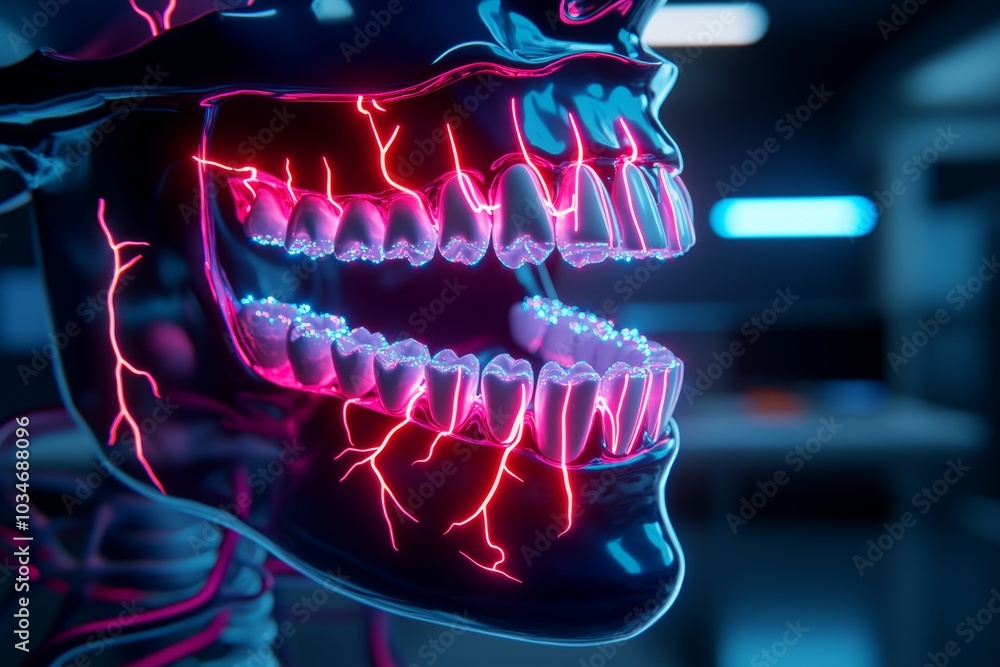Pixel art of a human jaw and teeth, with animated blinking lights ...
